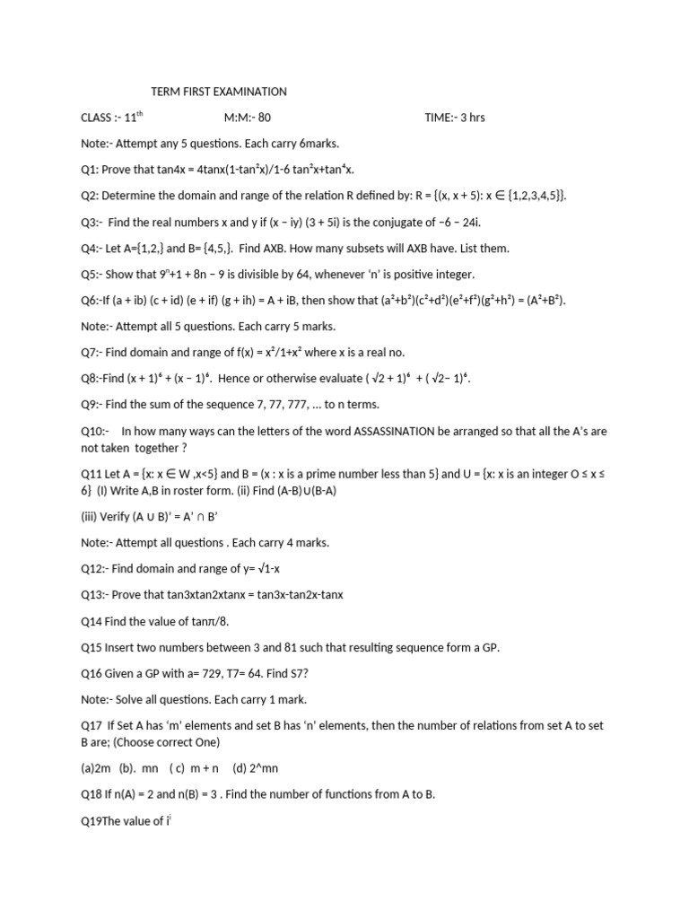 Sdes Class 11 Maths Paper (2023-24) | PDF