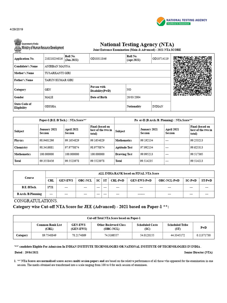 Jee Main Result PDF | PDF | Qualifications | Student Assessment And Evaluation