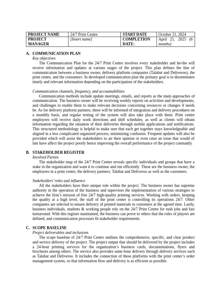 (Project Charter) 24-7 Print Center | PDF | Communication | Information