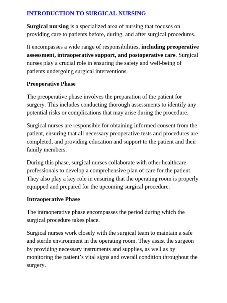 Overview of Surgical Nursing Roles | PDF | Surgery | Perioperative