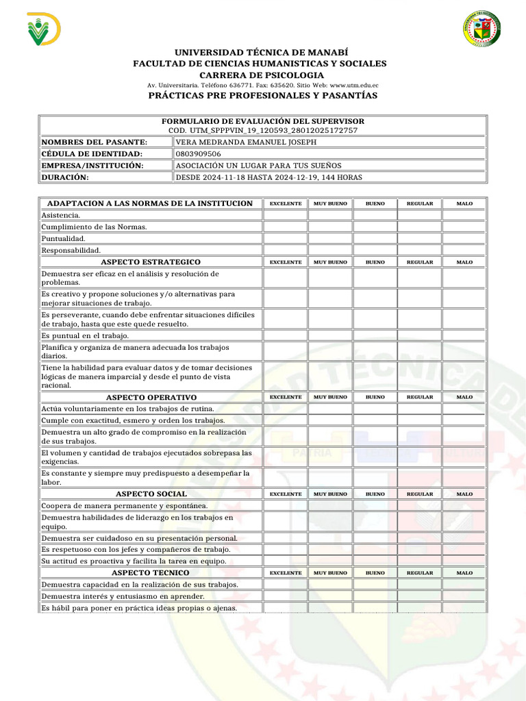 Formulario de Evaluacion Supervisor Emmanuel Vera | PDF