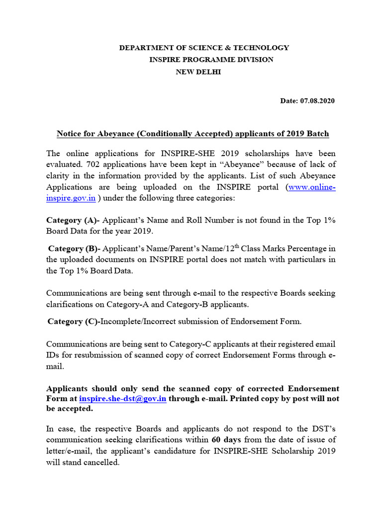 Notice For Abeyance Conditionally Accepted of INSPIRE SHE 2019 Batch ...