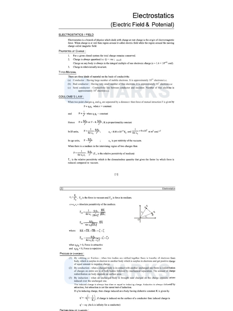 ELECTROSTATICS SHORT NOTES | PDF