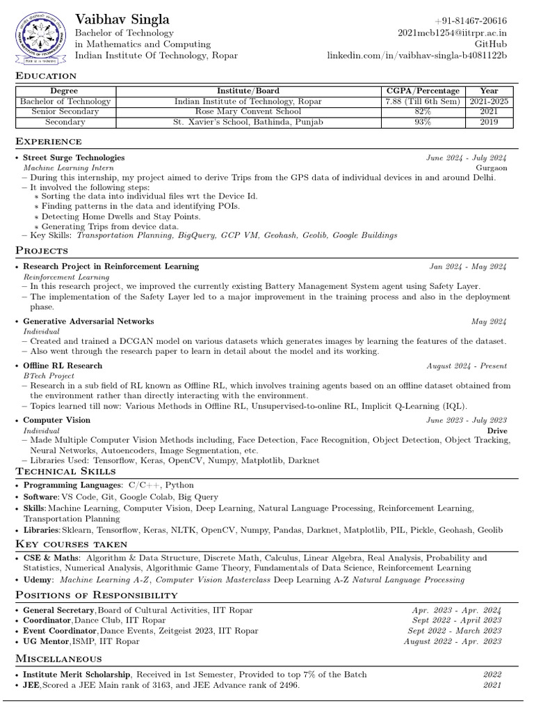 Resume Vaibhav Singla | PDF | Computer Vision | Machine Learning