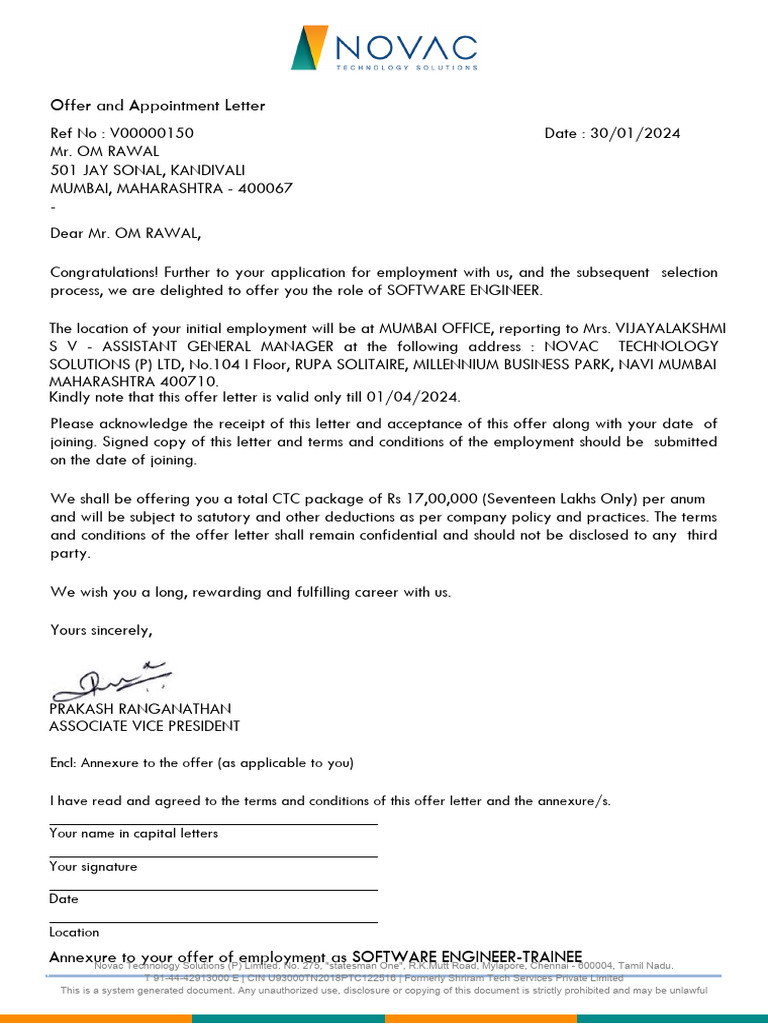 Software Engineer Offer Letter | PDF | Insurance | Employment