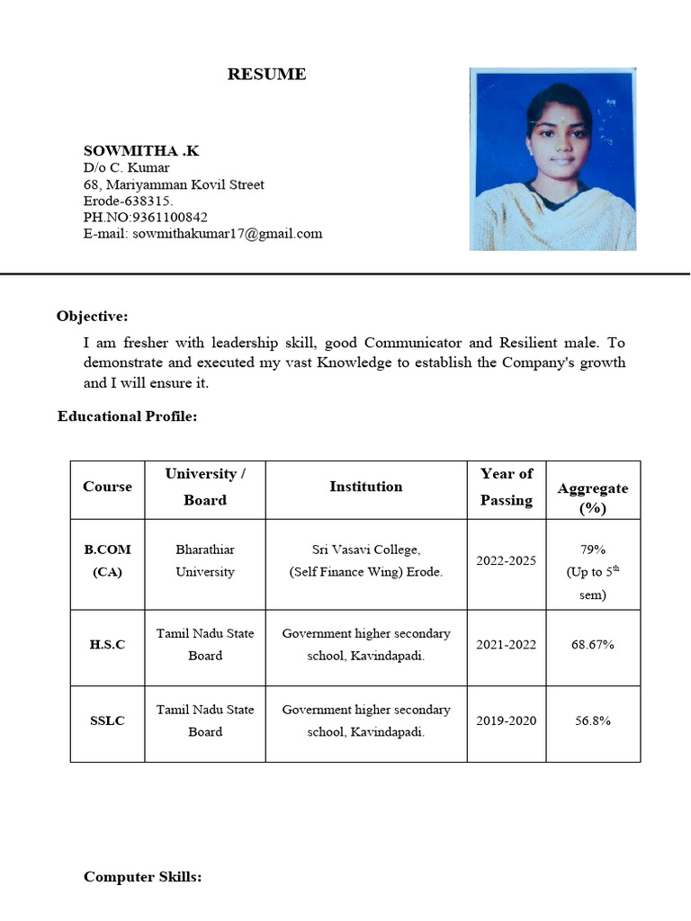 Sowmitha Final Resume | PDF | Tamil Nadu | Tamils