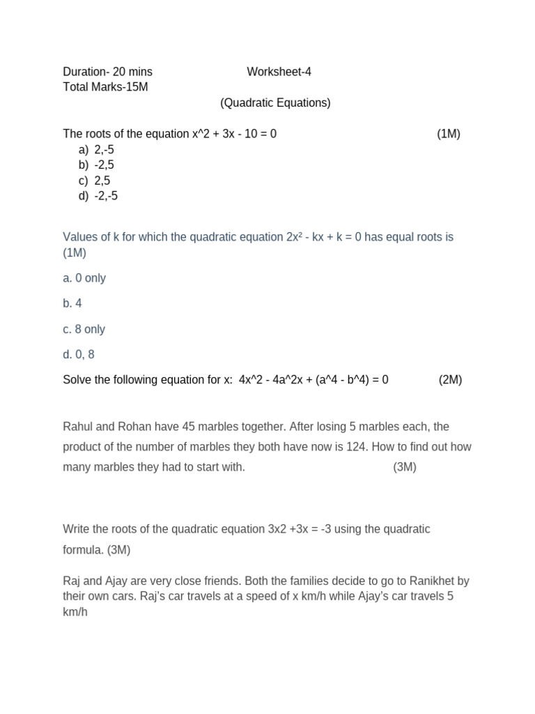 Quadratic Equations Worksheet 4 | PDF