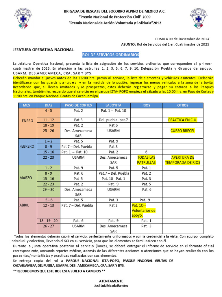 Rol de Servicios Alpinos 2025 | PDF