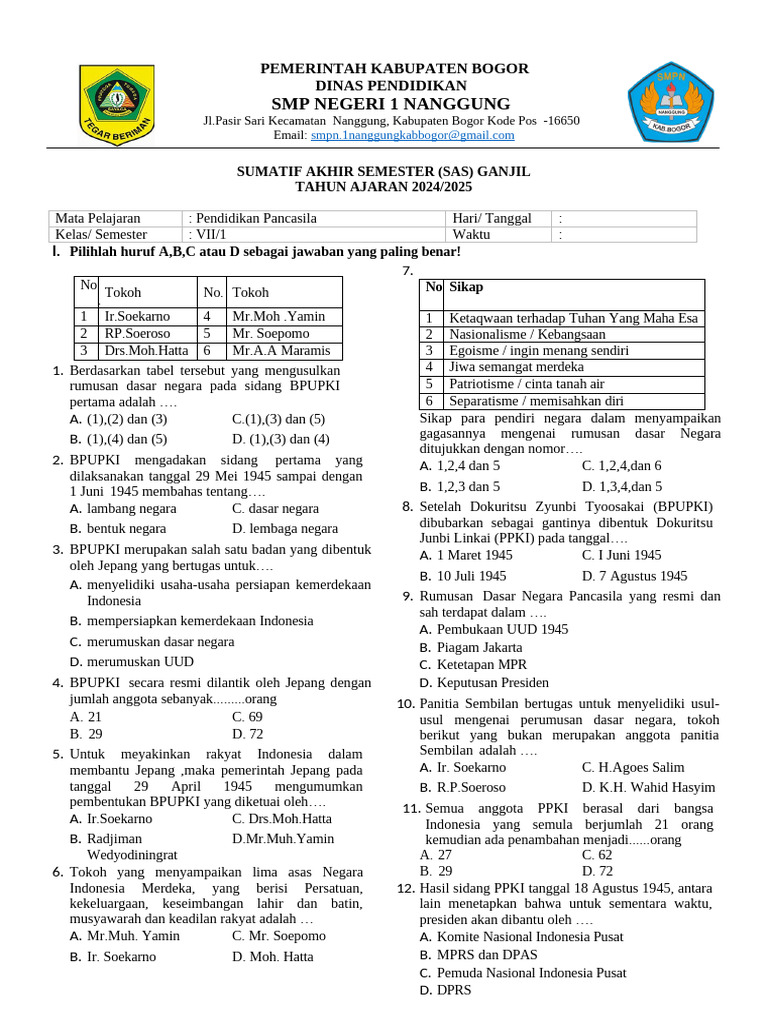 SOAL PPKN Kls 7 SAS GANJIL 2024-2025 | PDF
