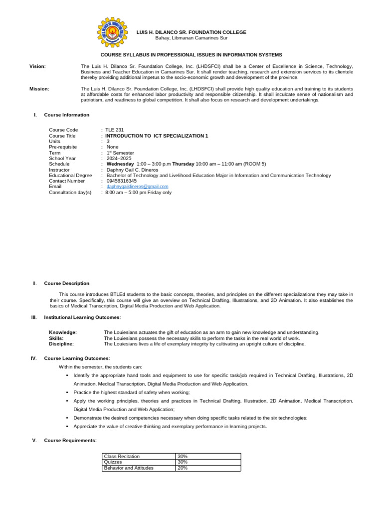 Course Syllabus in Tle 231 | PDF | Learning | Educational Technology