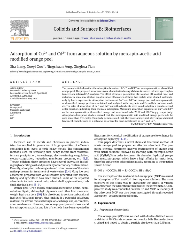 Adsorption of Cu2 and Cd2 From Aqueous Solution - 2009 - Colloids and Surface | PDF | Adsorption ...