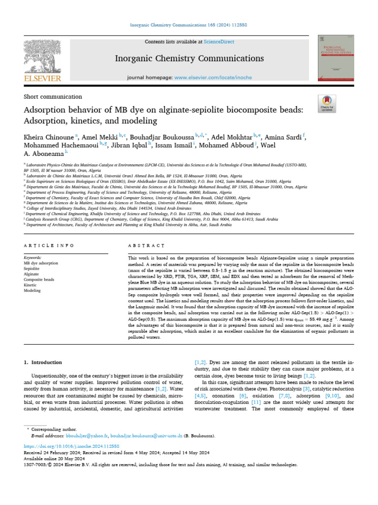 Adsorption Behavior of MB Dye on Alginate Sepiolite b 2024 Inorganic ...