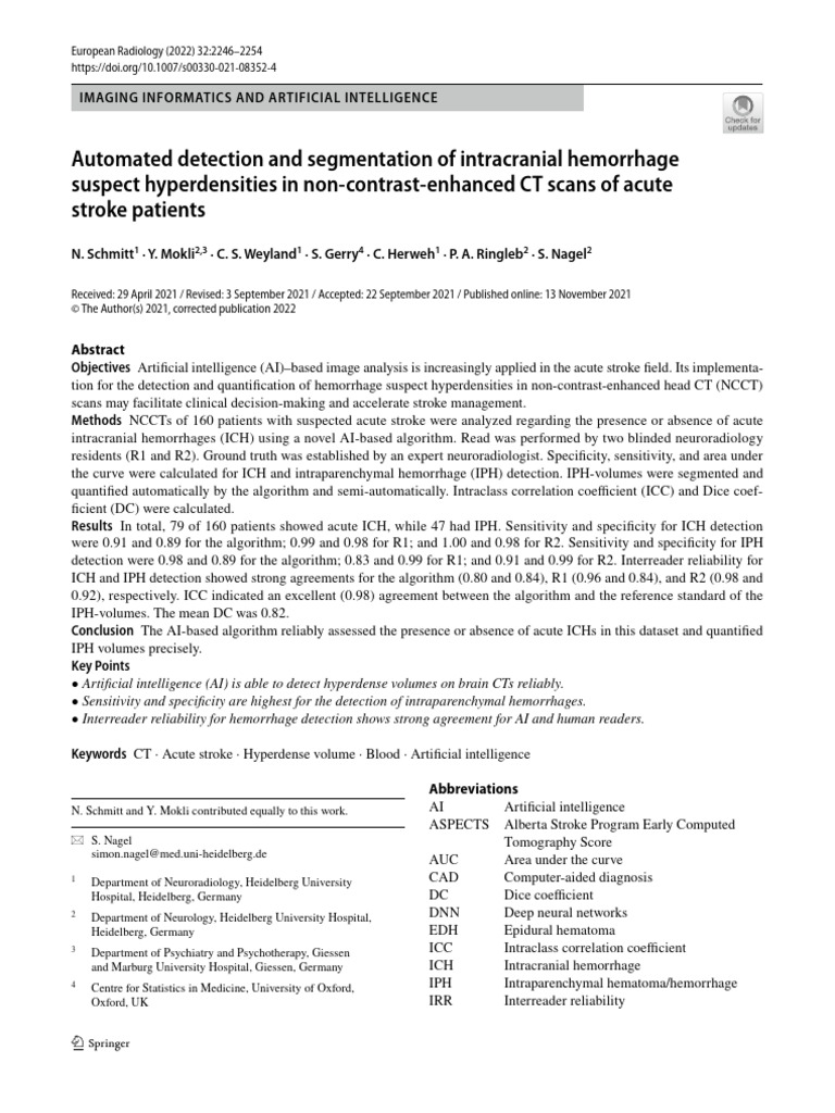 2022 - Eur Radiol - Automated Detection and Segmentation of ICH Suspect | PDF | Receiver ...