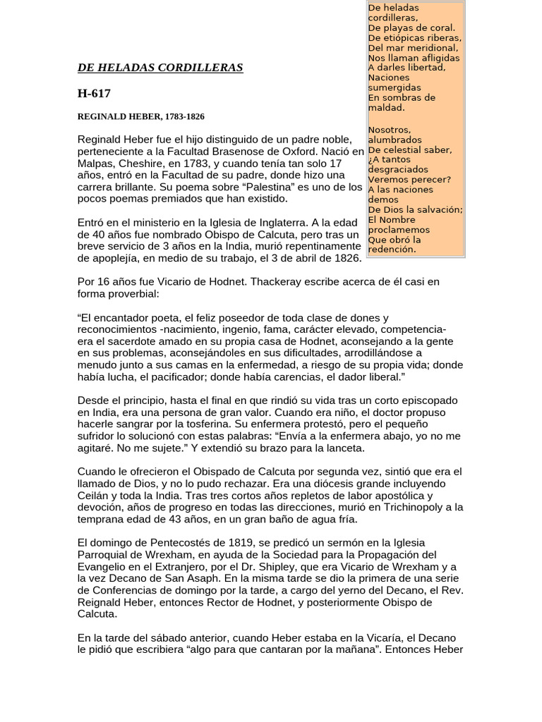 Reginald Heber: Poeta y Obispo | PDF