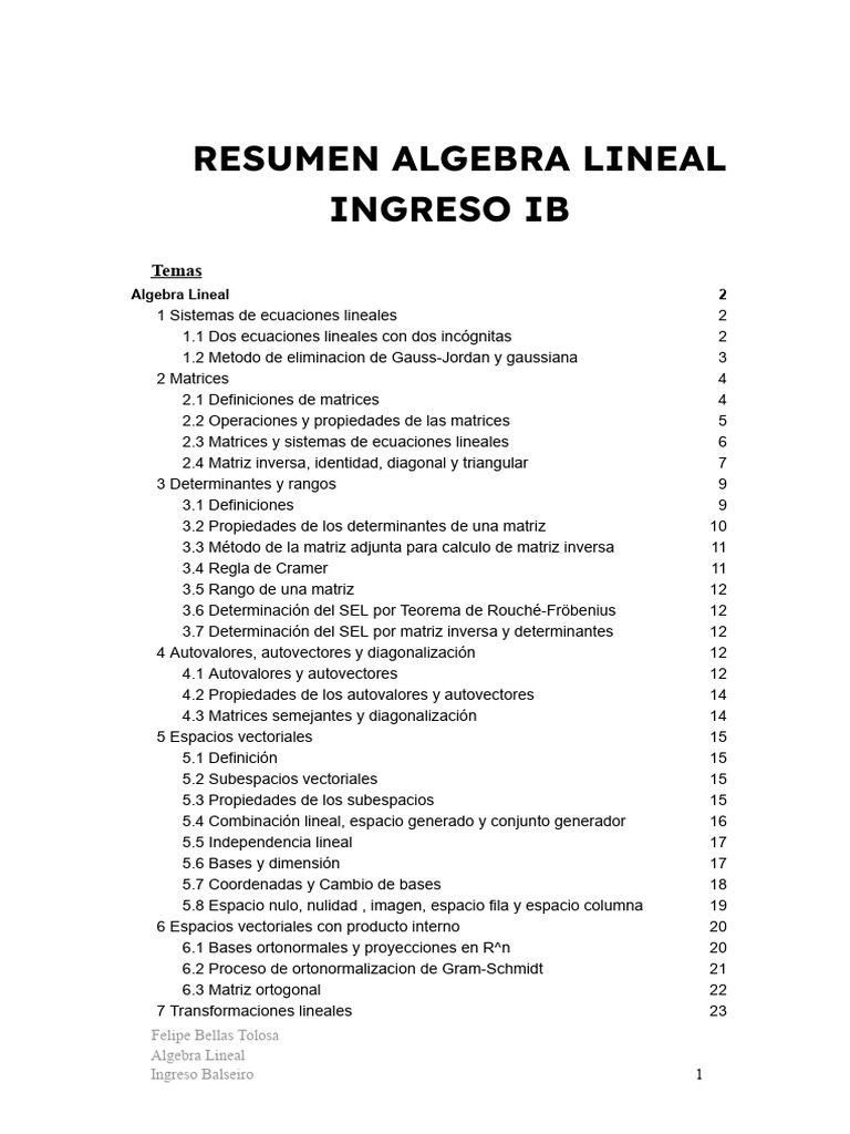 Resumen Algebra Lineal | PDF | Matriz (Matemáticas) | Base (álgebra lineal)