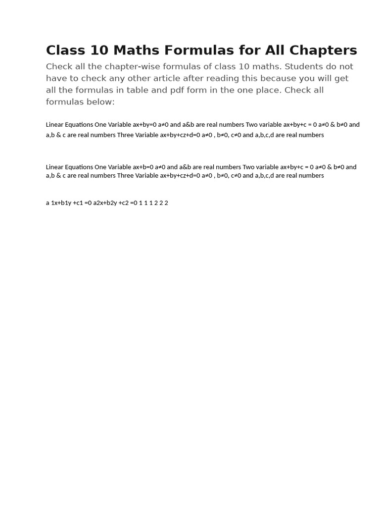 Class 10 Maths Formulas for All Chapters | PDF | Trigonometric ...