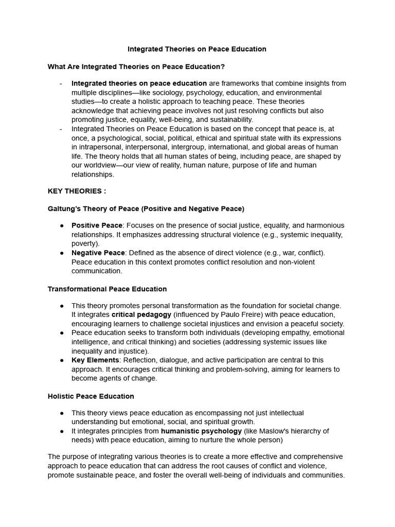 Integrated Theories of Peace Education | PDF | Peace | Behavioural Sciences