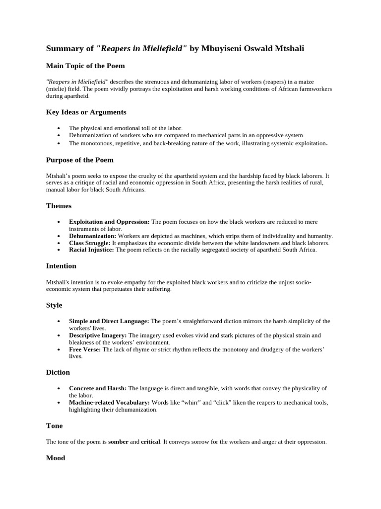 Poem Summary Reapers in A Mealiefield | PDF | Poetry | Apartheid