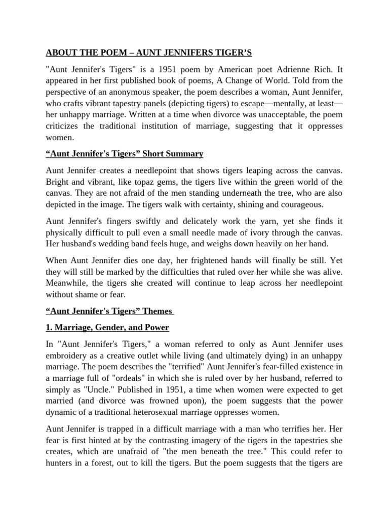 Aunt Jennifer's Tigers: A Feminist Analysis | PDF | Marriage | Rhyme