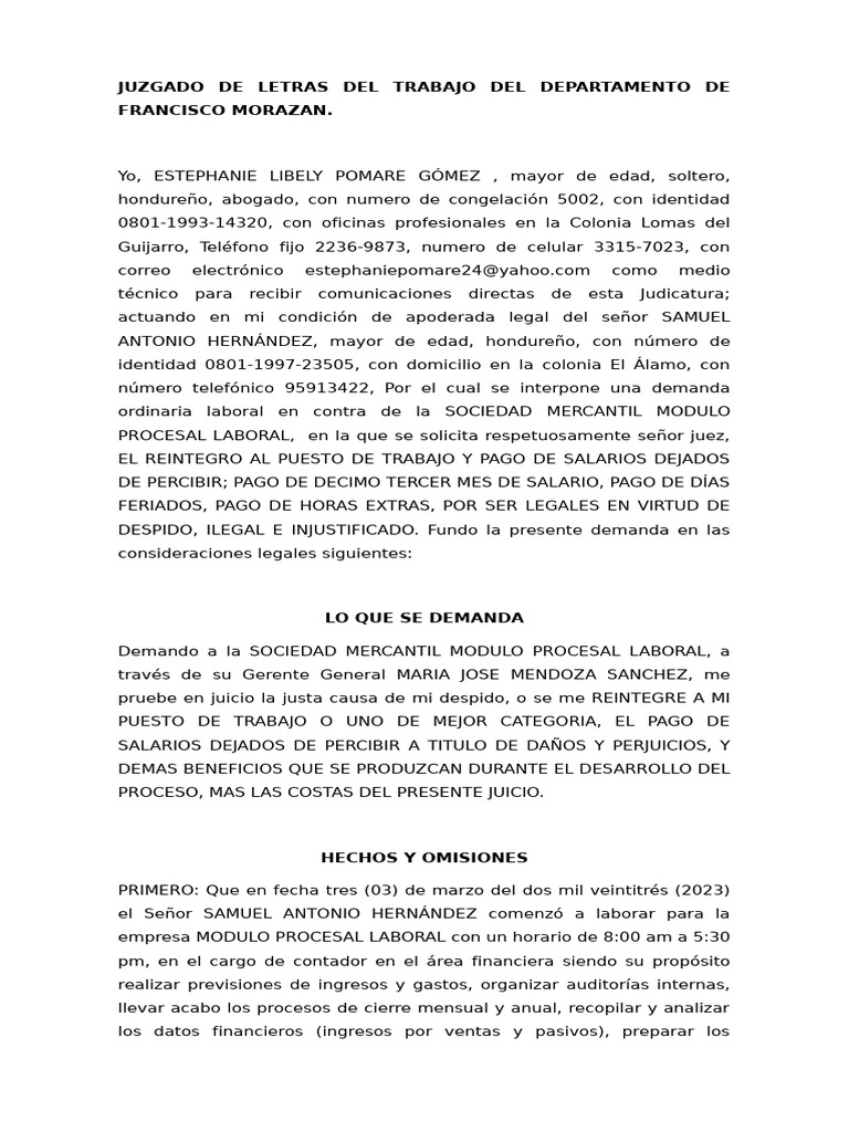 Demanda Procesal Laboral | PDF | Demanda judicial | Derecho laboral