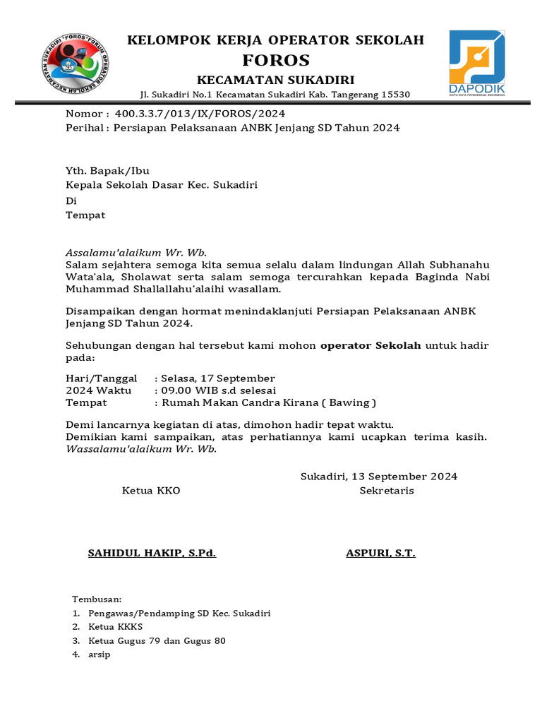 DRAFT SURAT UNDANGAN SOSIALISASI ANBK 2024 | PDF