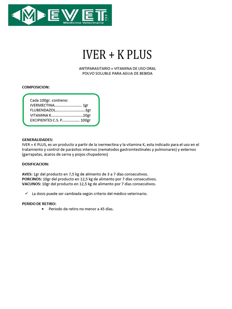 IVER + K PLUS: Antiparasitario Oral Veterinario | PDF