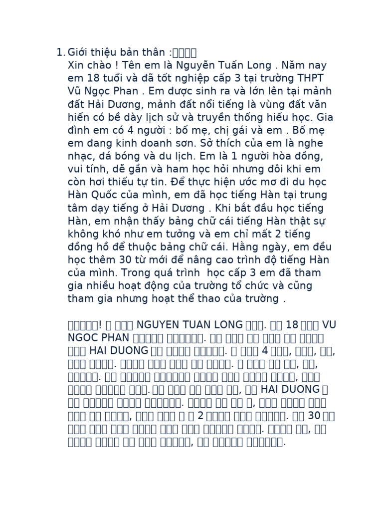 Giới Thiệu Bản Thân NGUYEN TUAN LONG (DA DICH) | PDF