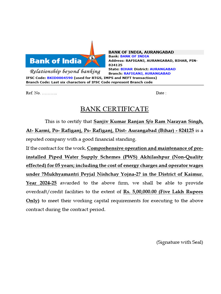 Bank Certificate Boi - Sanjiv Ranjan | PDF