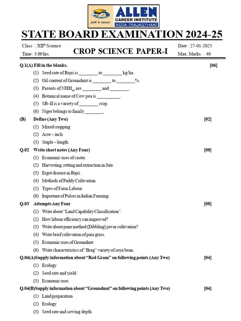 Crop Science Paper I Dt. 27 - 01 - 2025 | PDF | Legume | Agriculture