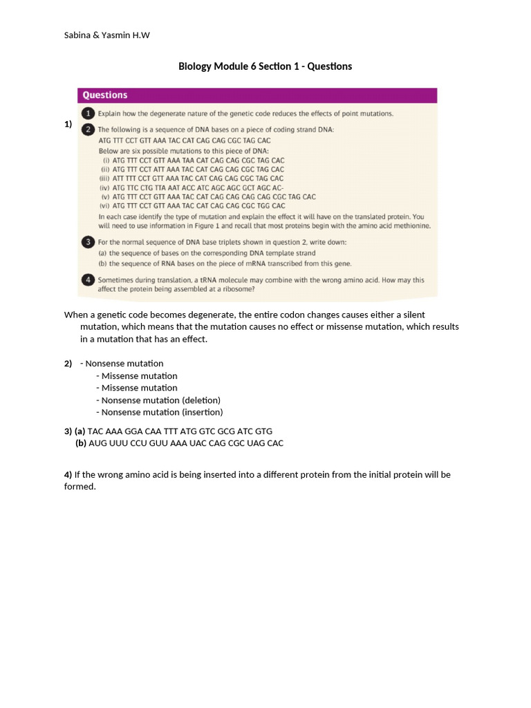 Biology Module 6 Section 1 Questions | PDF