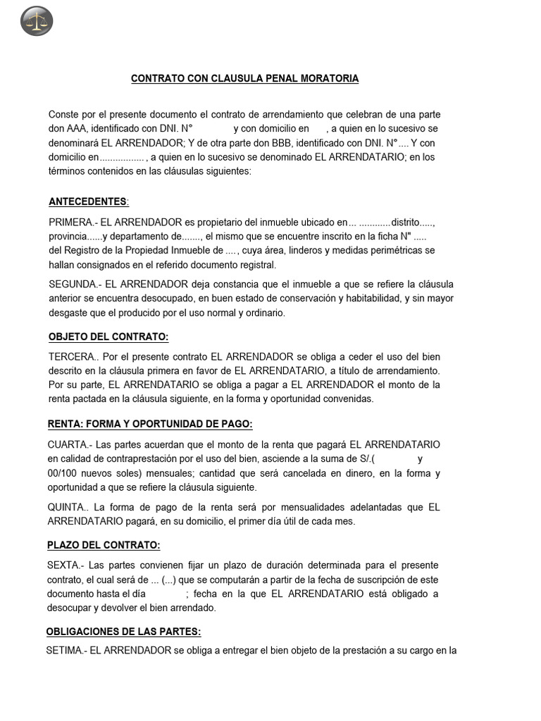 Contrato de Arrendamiento con Cláusula Penal | PDF