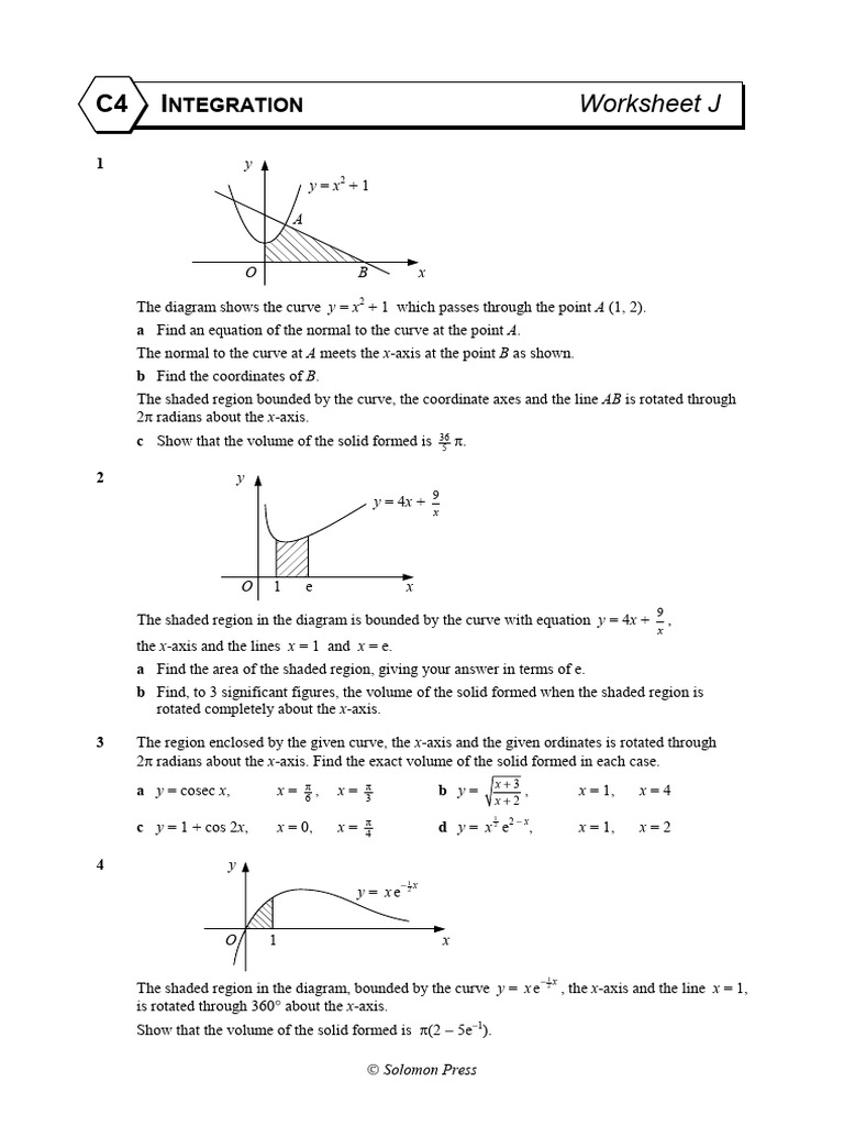 Worksheet J - Volumes of Revolutions 2 | PDF | Cartesian Coordinate ...