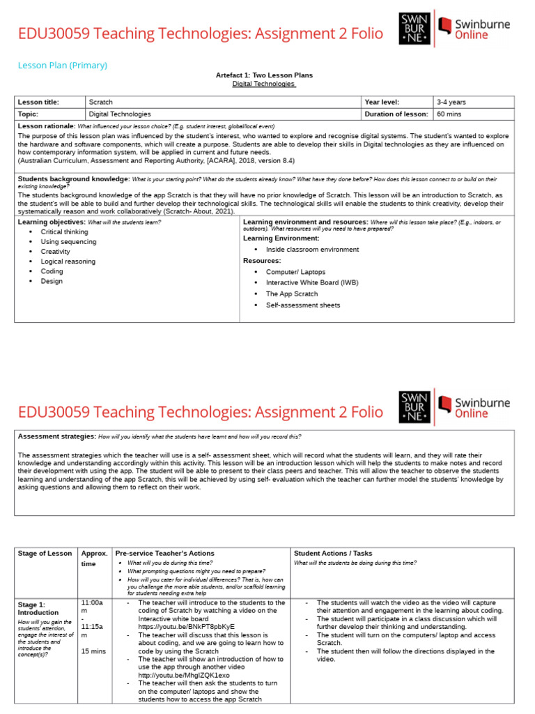 Primary Digital Technologies Lesson Plans | PDF | Lesson Plan | Teachers
