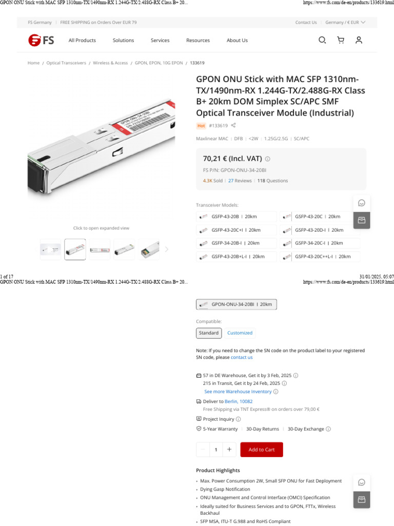 GPON ONU Stick with MAC SFP 1310nm-TX_1490nm-RX 1.244G-TX_2.488G-RX Class B+ 20km DOM Simplex SC ...