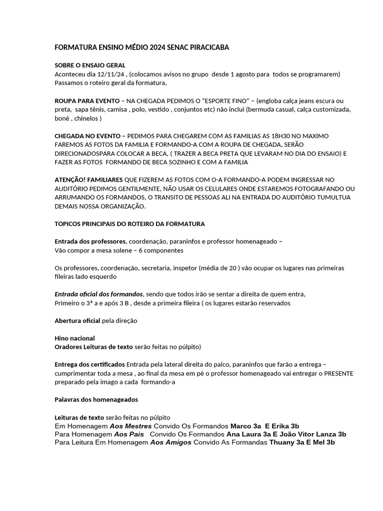 Roteiro Da Formatura Para Grupo | PDF