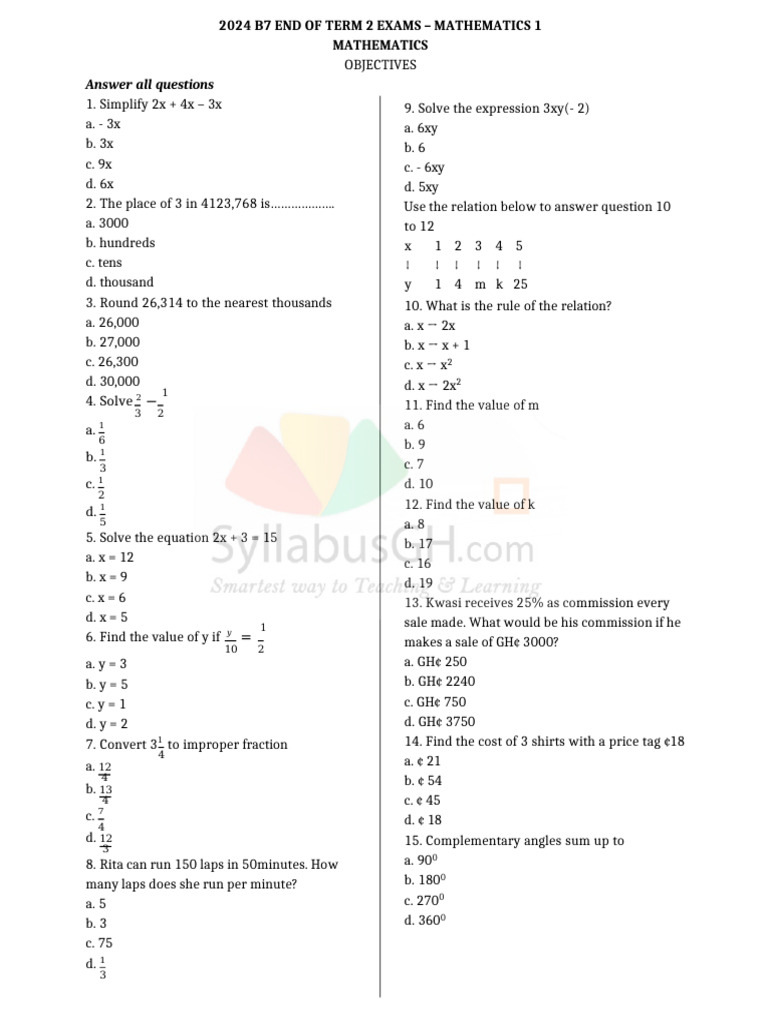 2024 B7 End of Term 2 Exams - Mathematics 1 | PDF | Interest
