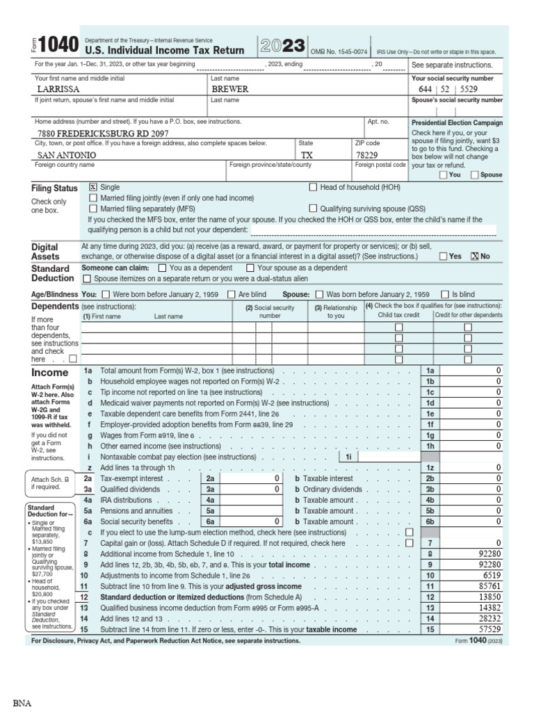 2023 U.S. Individual Income Tax Return | PDF | Irs Tax Forms | Tax ...