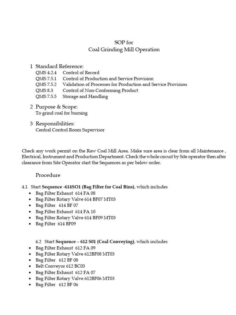 Coal Mill Operation SOP | PDF | Mechanical Engineering | Equipment