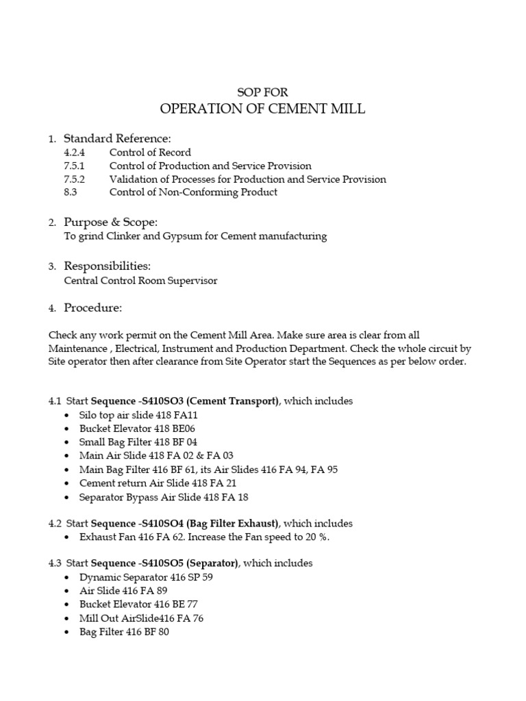 Cement Mill Operation SOP Guide | PDF | Cement | Secondary Sector Of ...