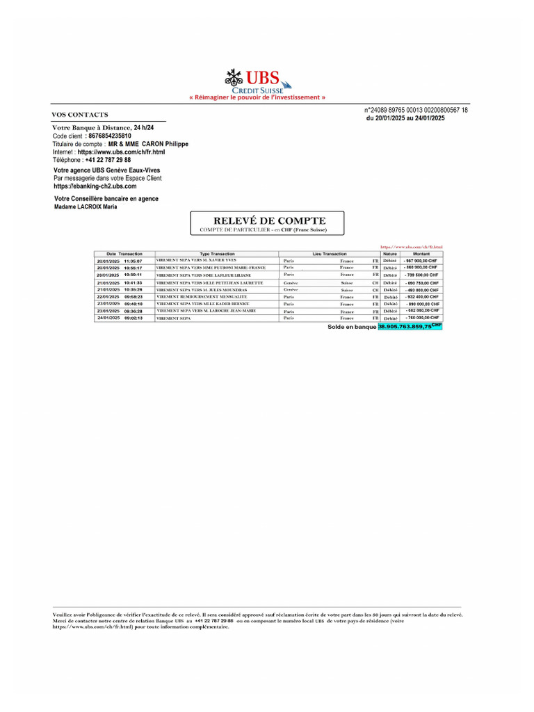 Releve de Compte Ubs de MR & Mme Caron | PDF
