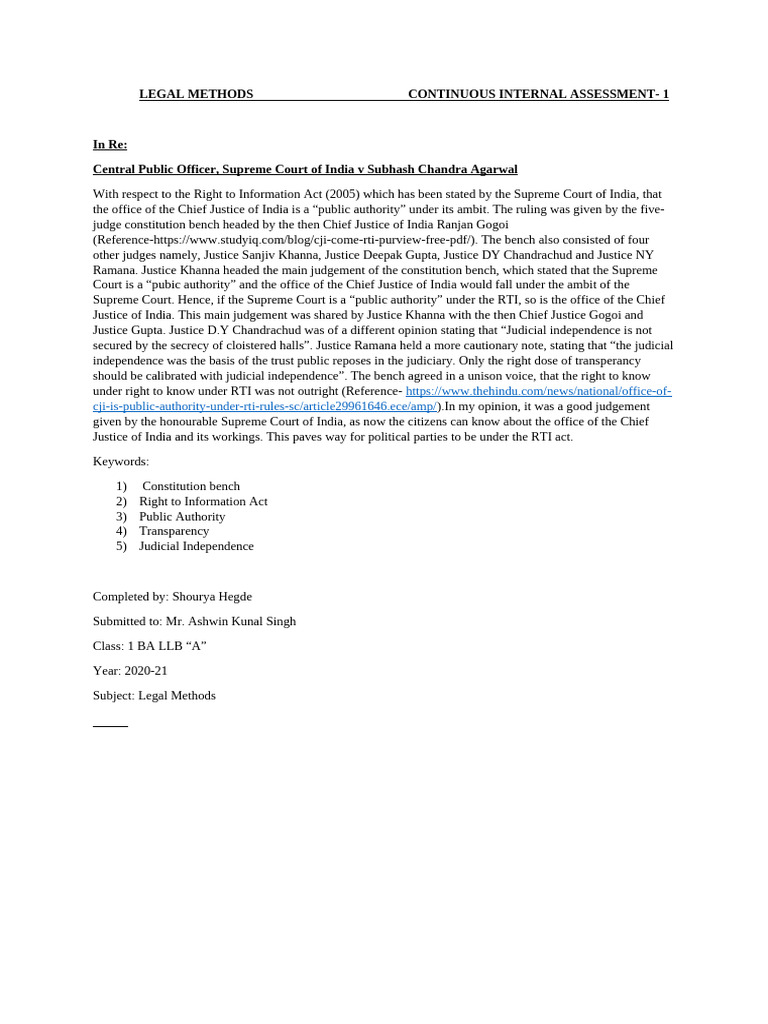 Legal Methods Continuous Internal Assessment | PDF