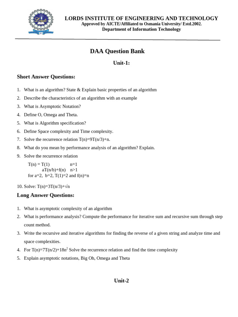 (05.02.24) Daa - QB-1,2,3,4,5 | PDF | Time Complexity | Computational ...