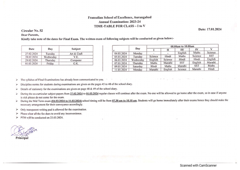Annual Exam Time Table for STD - I to V | PDF