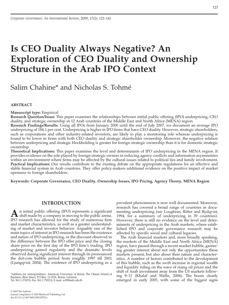 Corporate Governance - 2009 - Chahine - Is CEO Duality Always Negative ...