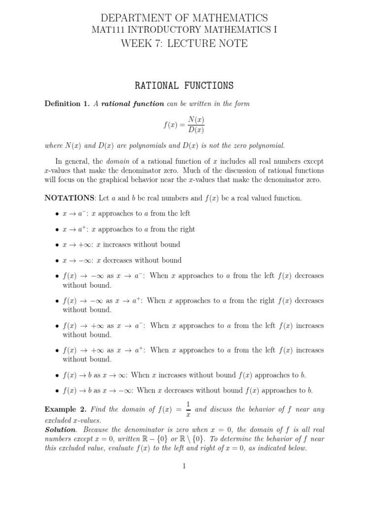 MAT111 Week 7 Lecture Note | PDF | Asymptote | Function (Mathematics)