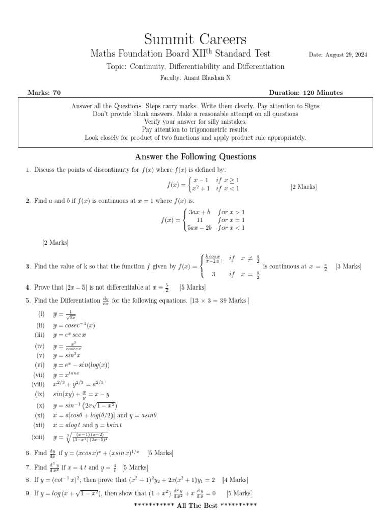 Question Paper Differentiation XIIth 2023 24 | PDF | Mathematics | Mathematical Analysis