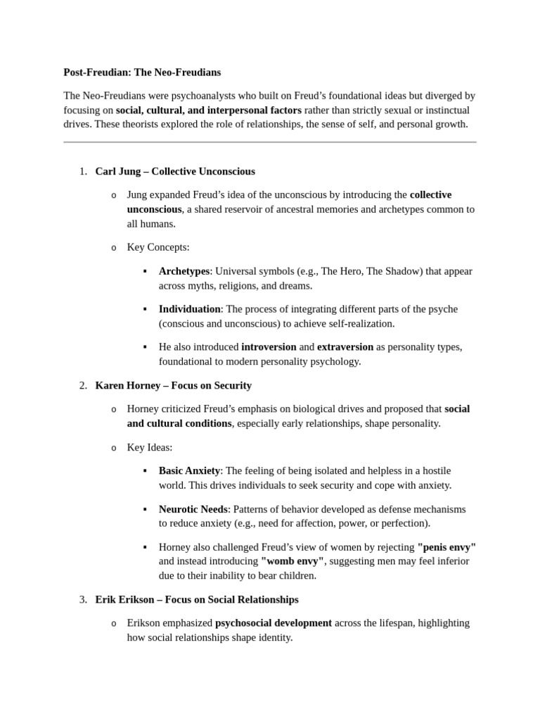 Neo Freudians - Class Discussion | PDF | Sigmund Freud | Unconscious Mind