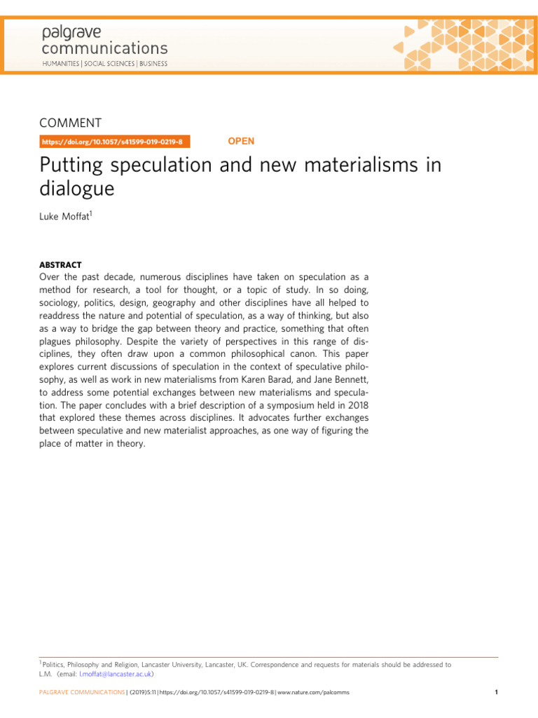 Speculation and New Materialisms Dialogue | PDF | Materialism ...