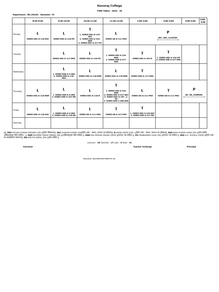 Time Table Hindi Sem Vi | PDF