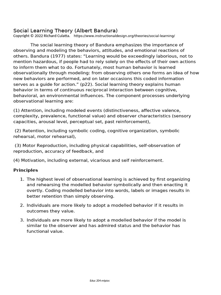 Social Learning Theory Bandura | PDF